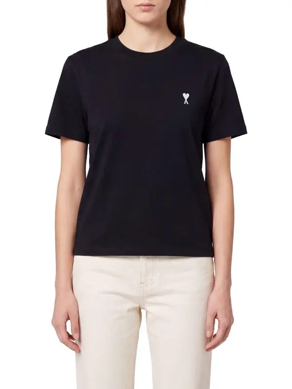 AMI Paris Slim Fit Cotton T-shirt With Contrast De Coeur Logo - Black