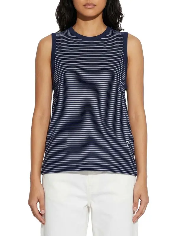 AMI Paris Striped Cotton Sleeveless Top - Blue