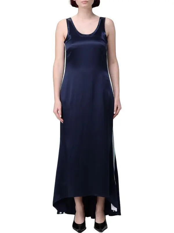 Off-White Satin Midi Dress With Asymmetrical Design - Blue