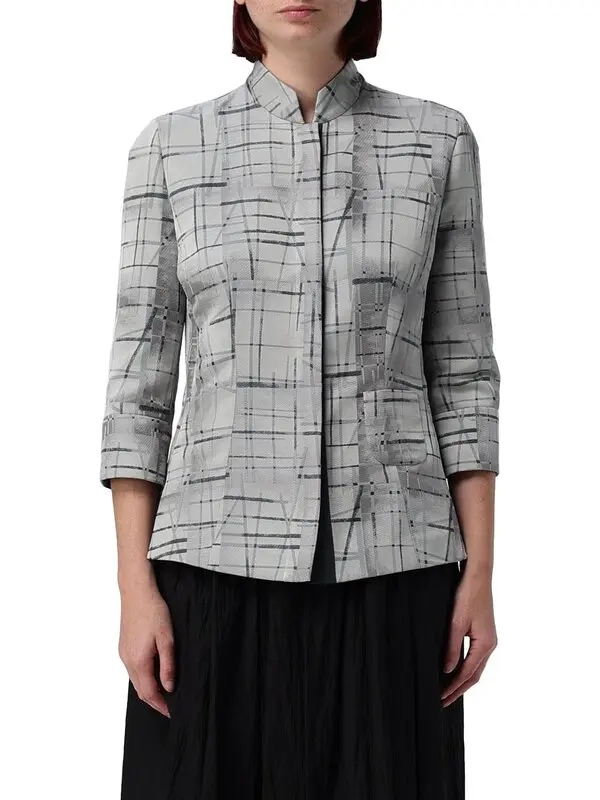 Emporio Armani Slim Fit Check Polyester Mandarin Collar Shirt - Grey