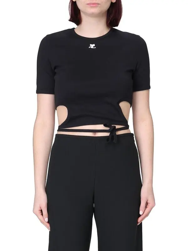 COURREGES Cotton Cropped T-shirt With Embroidered Logo - Black