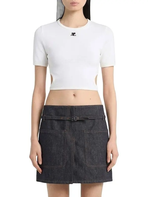 COURREGES Cotton Cropped T-shirt With Embroidered Logo - White