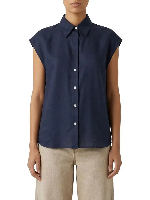 Vince Sleeveless Linen Blend Shirt - Blue