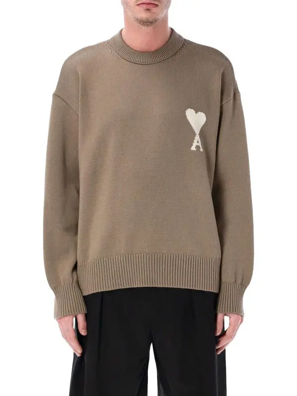 AMI Paris Wool And Cotton Knit Sweater With Logo - Beige