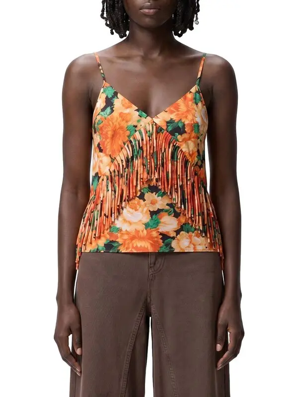 Pinko Viscose Floral Print Top With Fringe And Embroidery - Orange