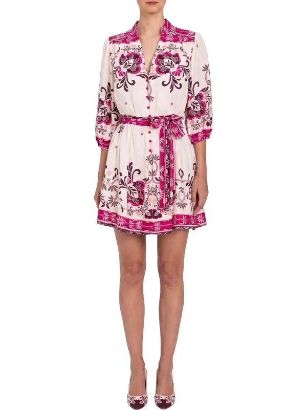 TWINSET Linen Blend Chemisier Dress With Ethnic Print - Fuchsia