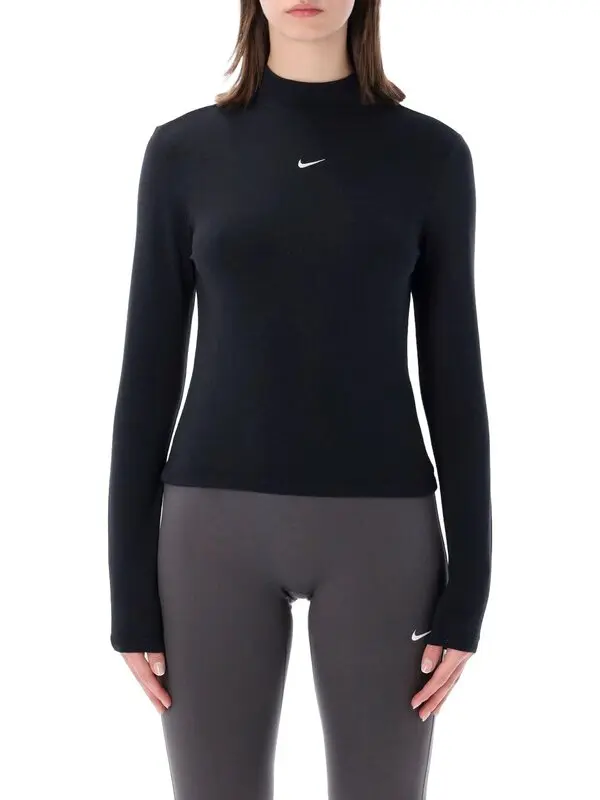 Nike Stretch Cotton Blend High Neck Long Sleeve Top - Black