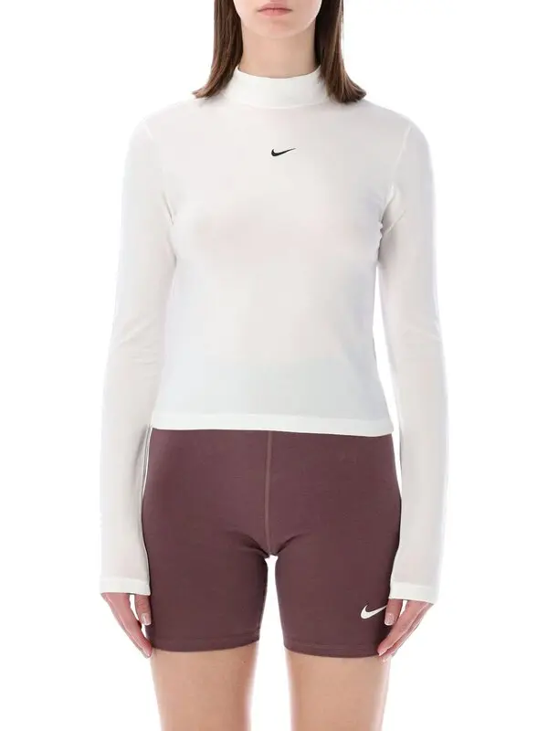 Nike Stretch Cotton Blend High Neck Long Sleeve Top - White