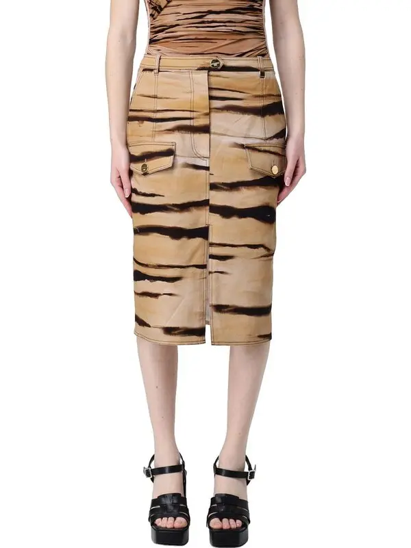 Elisabetta Franchi Animal Print Stretch Cotton Midi Skirt - Camel