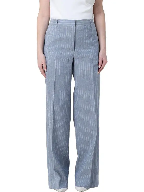 PT TORINO Pinstriped Linen And Cotton Palazzo Trousers - Blue