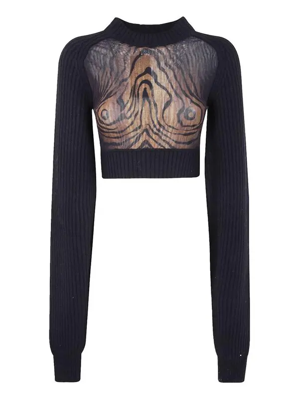 JEAN PAUL GAULTIER Cropped Knit Top With Sheer Print Panel - Black