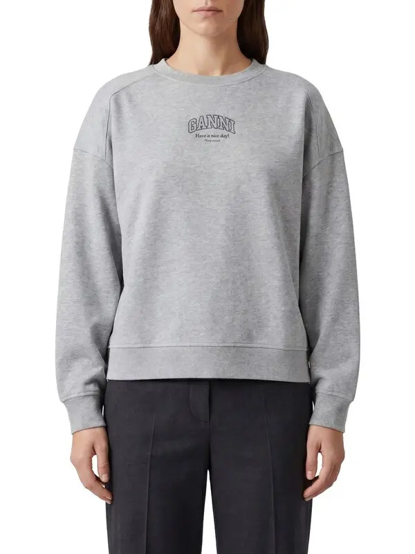 GANNI Cotton Crewneck Sweatshirt With Printed Logo - Grey