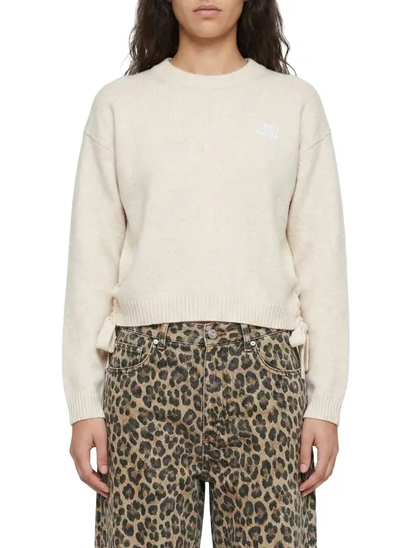 GANNI Wool Crew-neck Pullover With Drawstring Hem - Beige