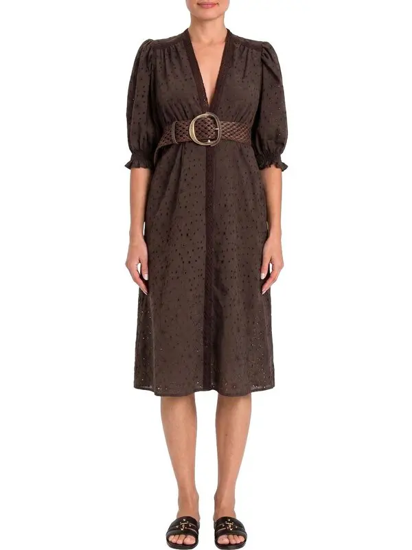 TWINSET Broderie Anglaise Midi Dress - Coffee