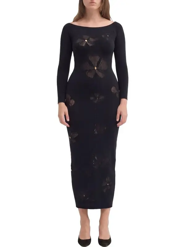MARGHERITA MACCAPANI Monogram Midi Dress In Jersey With Floral Embroidery - Black
