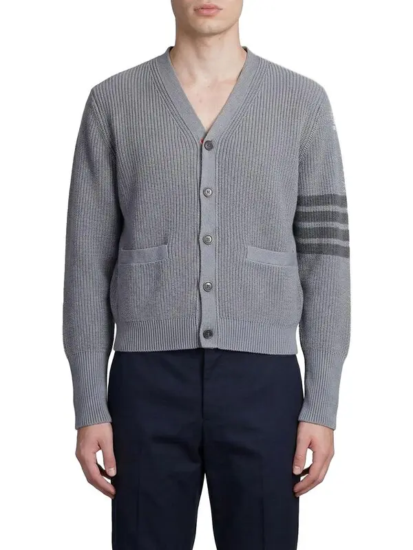 Thom Browne Ribbed Cardigan With Signature Stripes - Grey