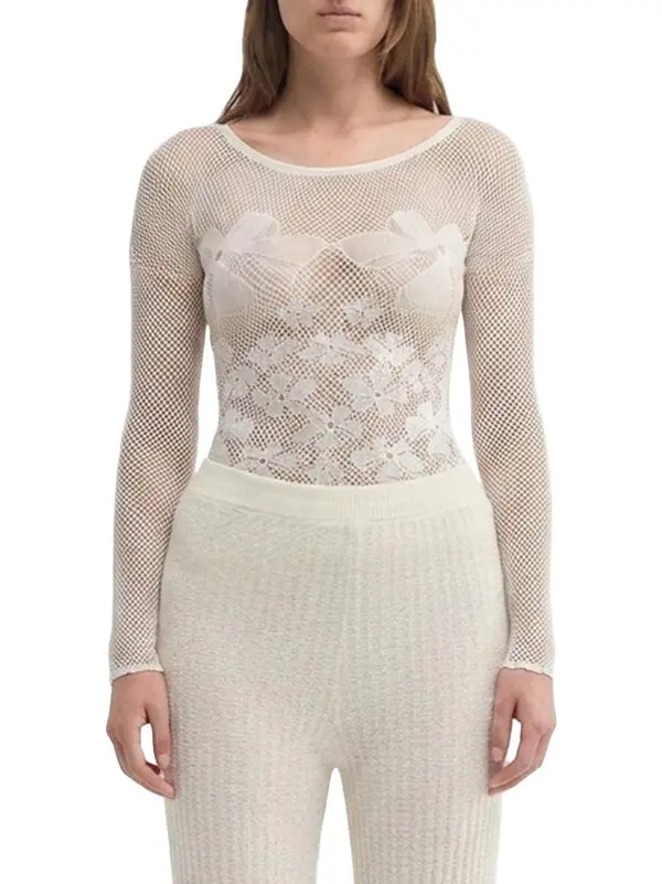 MARGHERITA MACCAPANI Sheer Mesh Bodysuit With Floral Embellishments - White