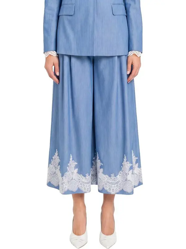 TWINSET Cropped Cotton Trousers With Embroidered Lace Inserts - Gnawed Blue