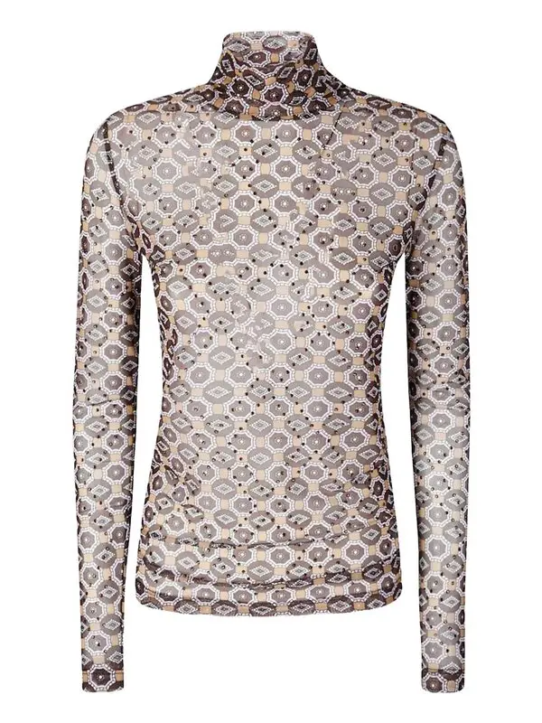 Dries Van Noten Geometric Print Mesh Turtleneck Top - Brown