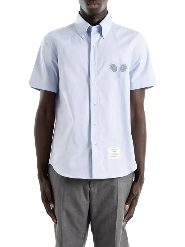 Thom Browne Short-sleeved Shirt In Cotton Poplin With A Button-down Collar - Gnawed Blue