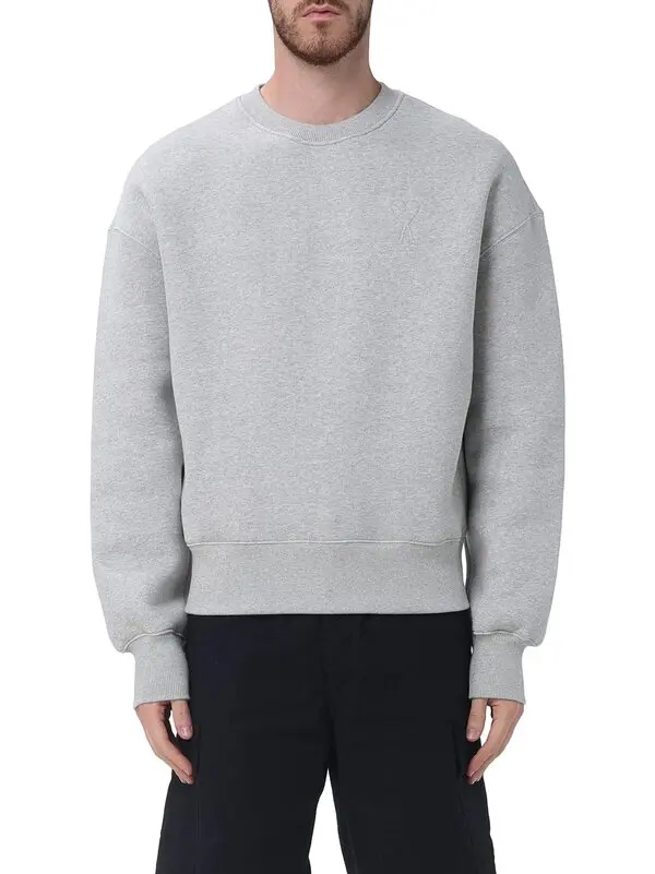 AMI Paris Cotton Blend Crewneck Sweatshirt With Logo Detail - Grey