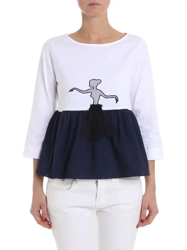 Vivetta Cotton Top With Graphic Print And Ruffled Hem - Blue