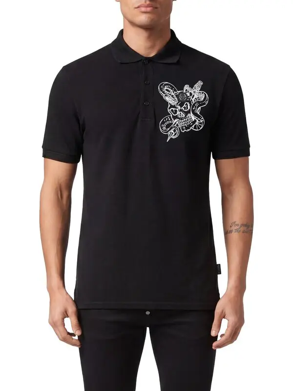 Philipp Plein Short-sleeve Cotton Polo Shirt With All-over Monogram Print - Black