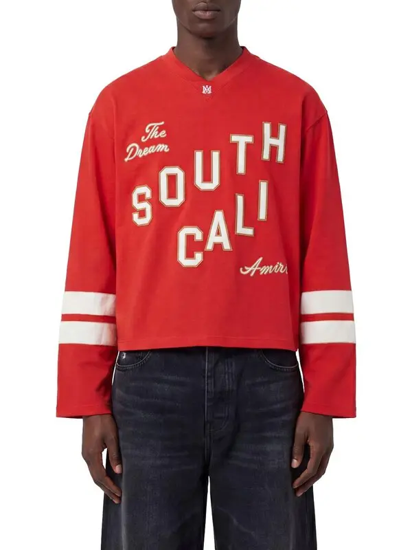 Amiri Long-sleeved V-neck Cotton T-shirt With Slogan Print - Red