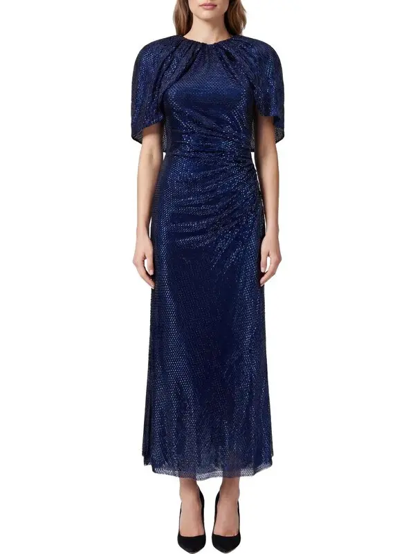 SELF-PORTRAIT Draped Beaded Short Sleeve Midi Dress - Blue