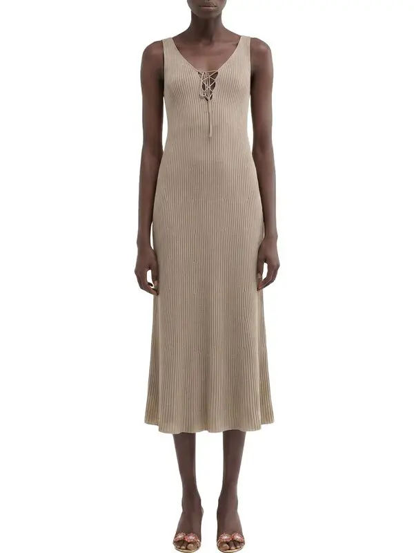 MARGHERITA MACCAPANI Tie-up Ribbed Midi Dress In Cotton Jersey - Beige