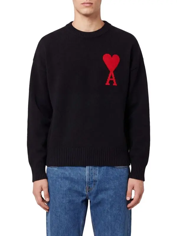 AMI Paris Crew-neck Wool Sweater With Contrast Logo - Black