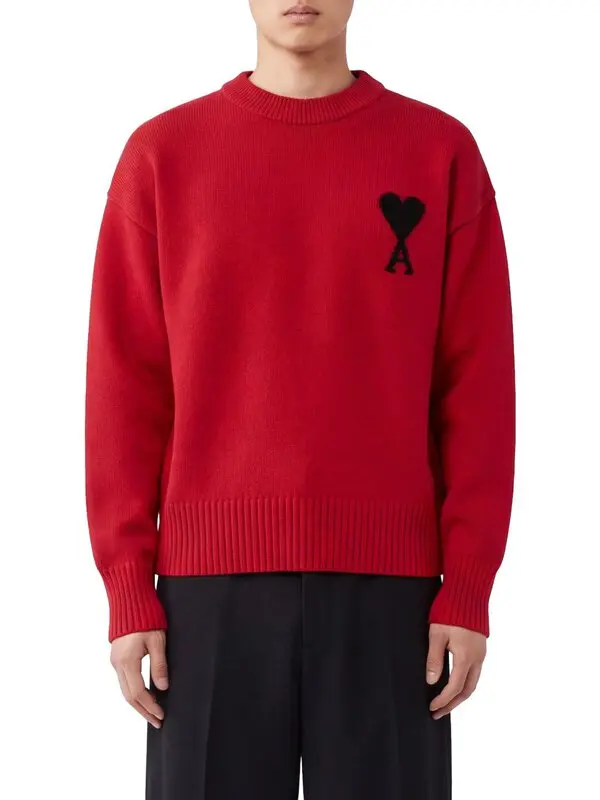 AMI Paris Crewneck Lambswool Sweater With Contrast De Cœur Logo - Red