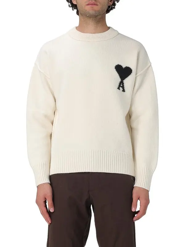 AMI Paris Crewneck Lambswool Sweater With Contrast De Cœur Logo - Sand