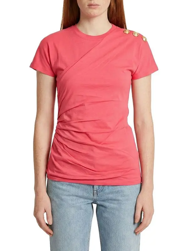 Balmain Ruched T-shirt With Embellished Shoulders - Fuchsia