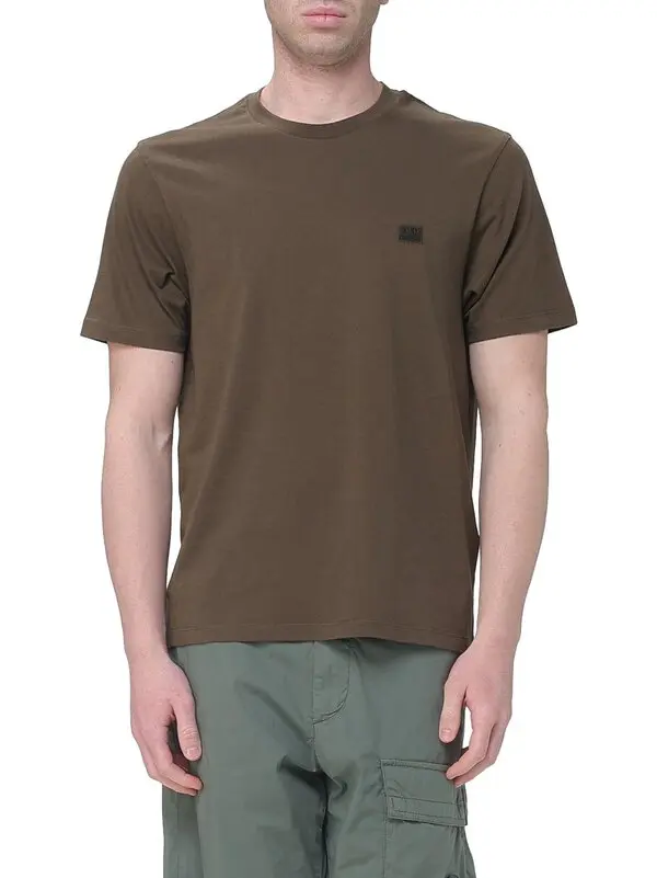 C.P. COMPANY Short-sleeved Cotton T-shirt With Contrasting Logo - Mud