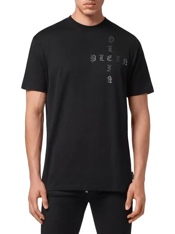 Philipp Plein Cotton Crewneck T-shirt With Rhinestone Logo Lettering - Black