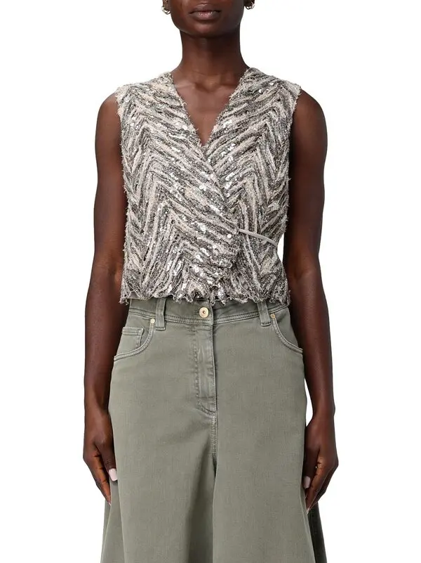 Brunello Cucinelli Linen Blend Sequin Embroidered Vest - Brown