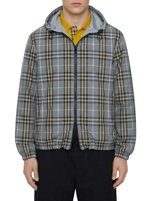 Burberry Checked Polyester Hooded Jacket - Blue