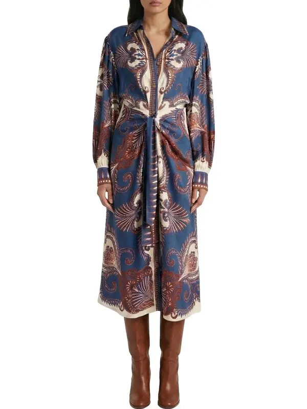Farm Rio Printed Viscose Midi Shirt Dress With Balloon Sleeves - Blue