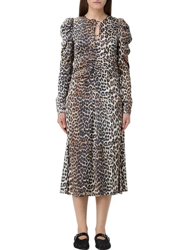 GANNI Leopard Print Midi Dress With Puffed Sleeves - Brown
