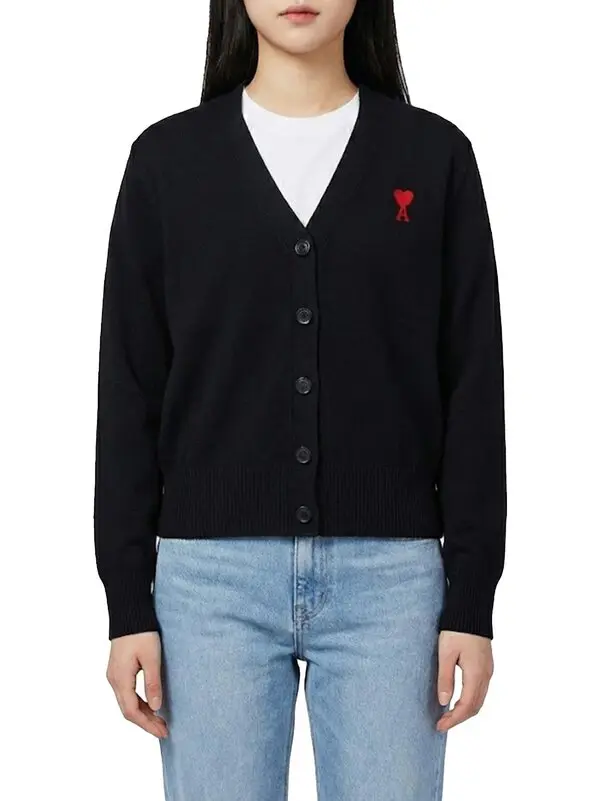 AMI Paris Wool Cardigan With Embroidered Logo - Black