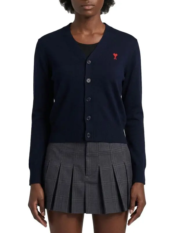 AMI Paris Wool Cardigan With Embroidered Logo - Blue