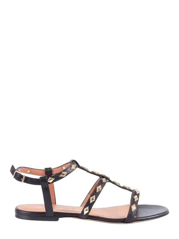 VIA ROMA 15 Laminated Leather Sandals With Studs - Black