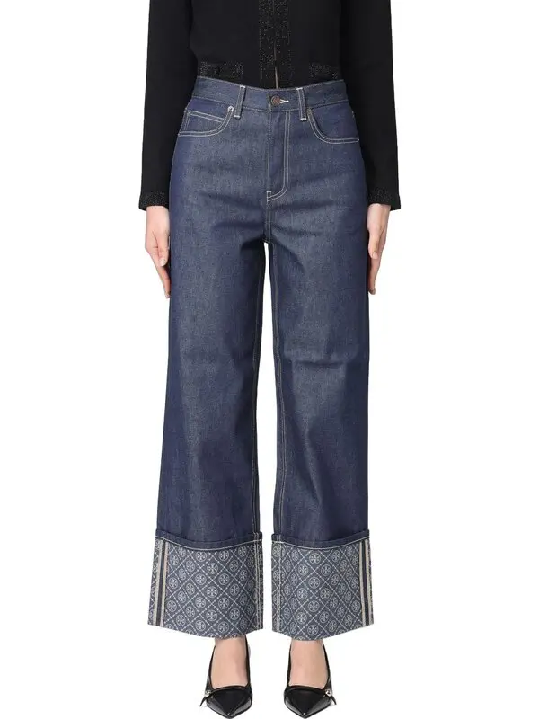 Tory Burch Wide Leg Jeans With Monogram Cuff - Blue