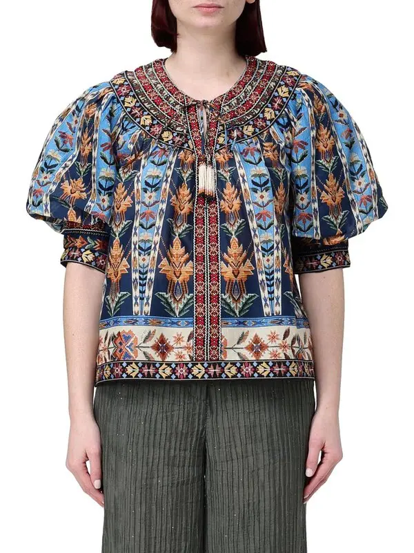 Farm Rio Cotton Crew-neck Blouse With Abstract Ethnic Print - Blue