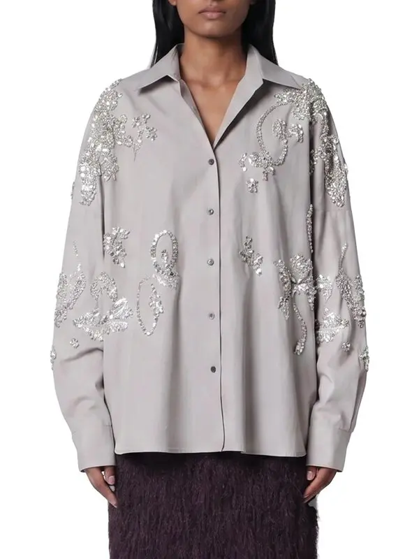 Dries Van Noten Embellished Cotton Poplin Shirt - Grey