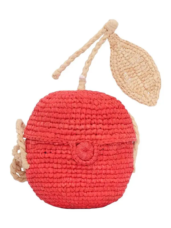 Bonpoint Raffia Shoulder Bag With Fruit Embroidery - Red