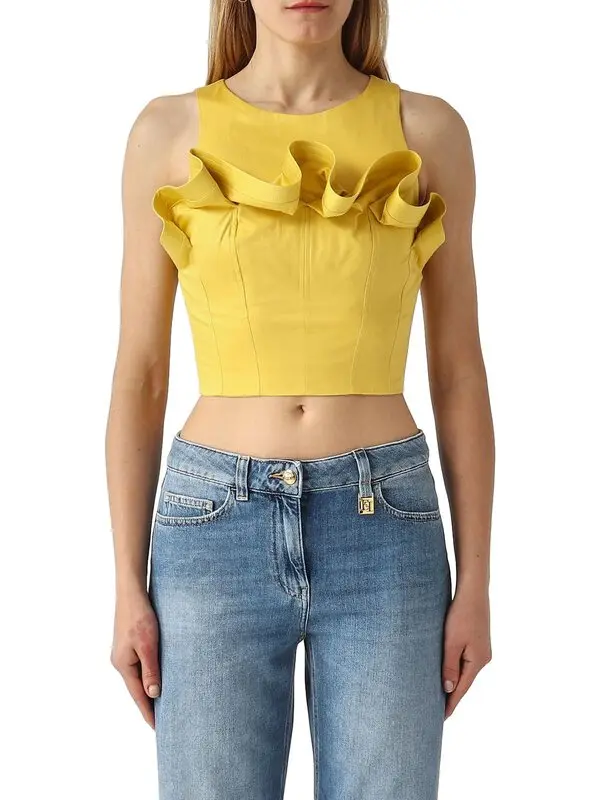 Elisabetta Franchi Cotton Cropped Top With Ruffle Embellishments - Yellow