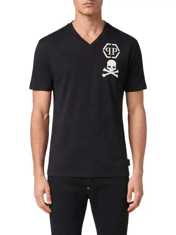 Philipp Plein V-neck Cotton T-shirt With Monogram Logo - Black