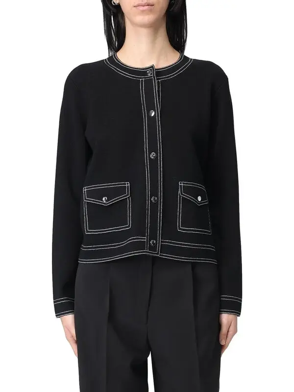 Tory Burch Knit Cardigan With Contrast Stitching And Pockets - Black